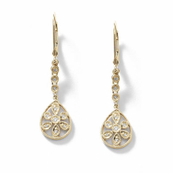 Diamond Flower Dangle Earrings, 14K Yellow Gold | Diamond Stores Long Island – EFG Designs