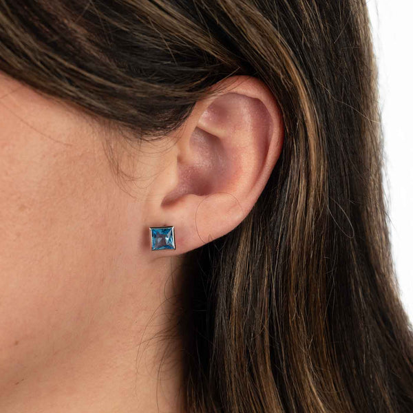 Blue Topaz Square Cut Stud Earrings, 14K White Gold – EFG Designs